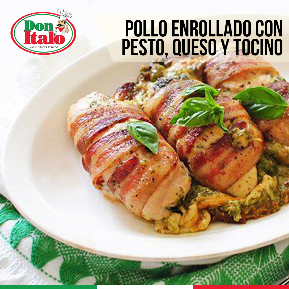 Pollo enrollado de pesto, queso y tocino - Don Italo